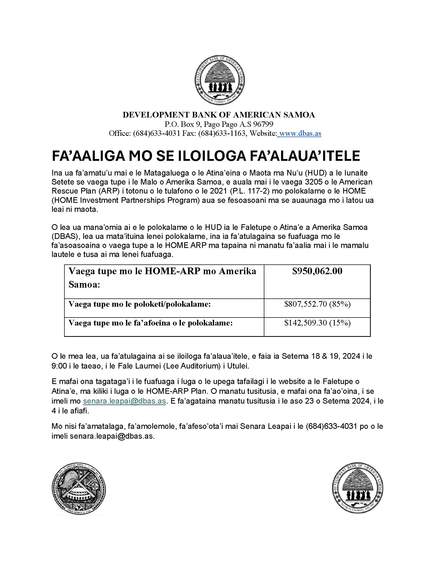 Fa'aaliga Mo Se Iloiloga Fa'alaua'itele - HOME-ARP Proposal Plan ...